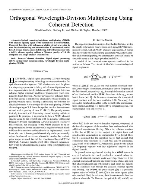 Pdf Orthogonal Wavelength Division Multiplexing Using Coherent Detection