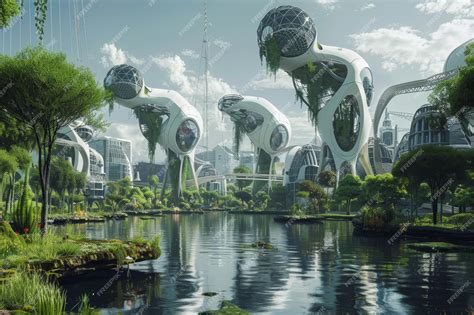 A Tranquil Scene Of A Futuristic City With Biointegrated Buildings And A Serene Lake In The