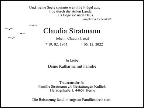 Traueranzeigen Von Claudia Stratmann Trauer In Nrwde