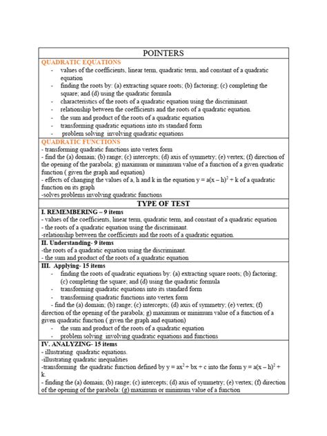 Pointers 1st Quarter Exam Pdf Quadratic Equation Mathematical Concepts