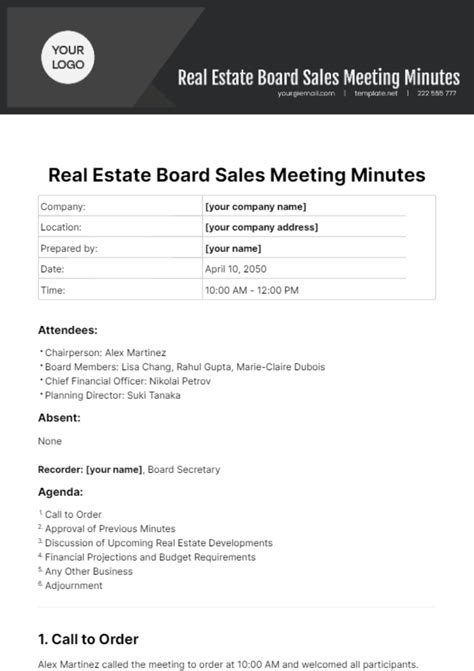 Free Board Of Directors Meeting Minutes Templates Editable And Printable