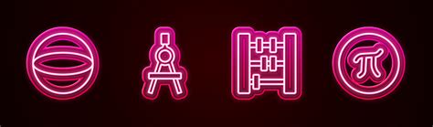 Set Line Geometric Figure Sphere Drawing Compass Abacus And Pi Symbol Glowing Neon Icon Vector