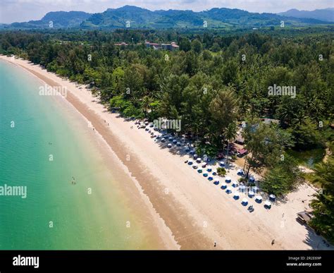 Aerial View Of A Small Beach Bar On A Tropical Sandy Beachd Fringed By Palm Trees Thailand