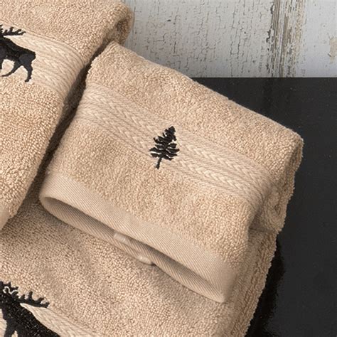 Moose And Bear Woodland Linen Embroidered Wash Cloth Black Forest Decor