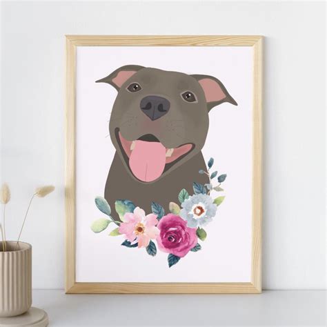 Custom Staffy Portrait Of Grey Pit Bull Digital Artwork With Flowers