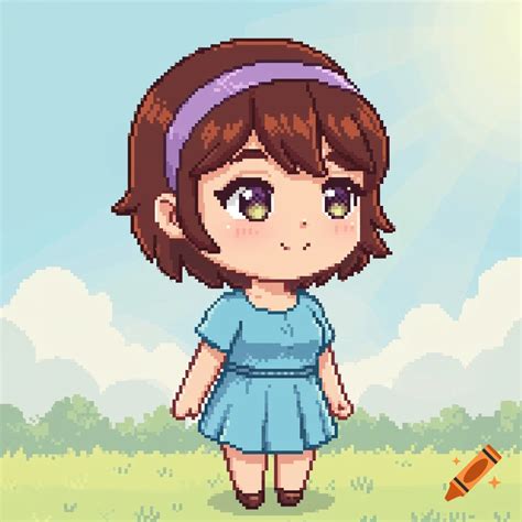 Pixel Art Chibi Female Character With A Purple Headband In A Blue Dress