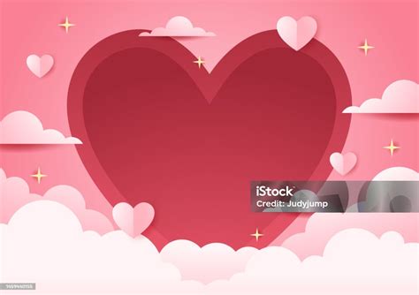 해피 발렌타인 데이 포스터 또는 바우처 아름 다운 종이 분홍색 배경에 흰색 하트 프레임과 흰 구름을 잘라 벡터 그림입니다 페이퍼 컷 스타일 텍스트를 위한 장소입니다 여유