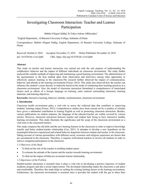 Pdf Investigating Classroom Interaction Teacher And Learner Participation