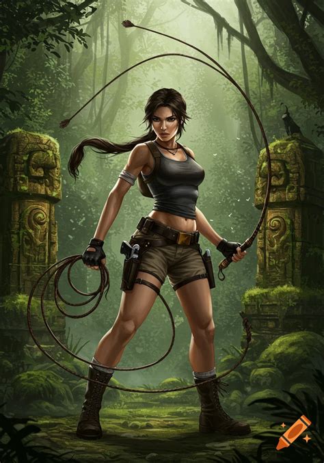 A Determined Lara Croft Runs Through A Dense Jungle Holding A Knife