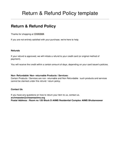 Fillable Online Return And Refund Policy Template Fax Email Print Pdffiller