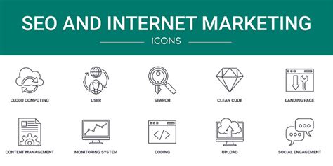 클라우드 컴퓨팅 사용자 검색 클린 코드 랜딩 페이지 콘텐츠 관리 시스템 모니터링 시스템 벡터 아이콘과 같은 10 개의 개요 웹 Seo 및 인터넷 마케팅 아이콘 세트 0명에