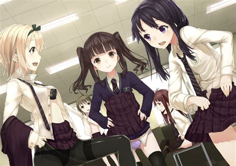 Original Characters Schoolgirl Women Indoors Blonde Brunette Dark
