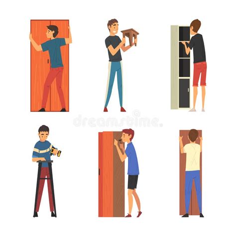 Men Assembling Furniture At Home Set Male Characters Making Wooden
