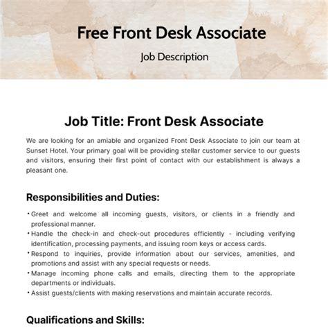 Free Front Desk Associate Job Description Template To Edit Online