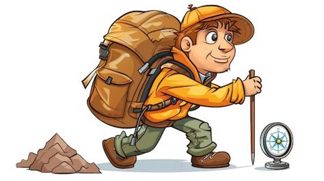 Cartoon Vector Hiker Using A Compass To Find The Right Direction