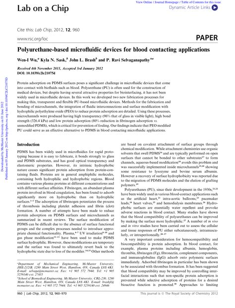 Pdf Polyurethane Based Microfluidic Devices For Blood Contacting