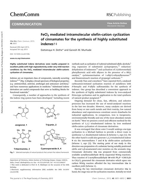 Pdf Cheminform Abstract Fecl 3 Mediated Intramolecular Olefin Cation Cyclization Of