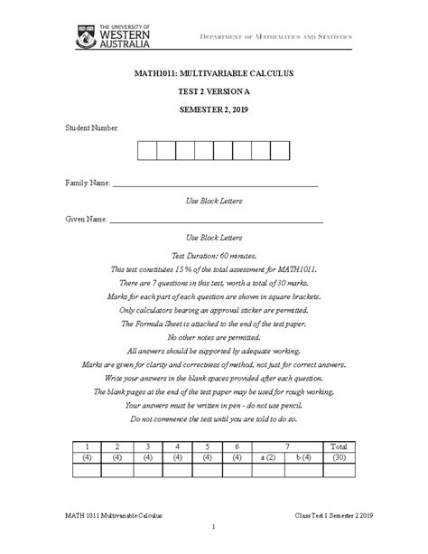 Math1011 Multivariable Calculus Class Test 2 Version A Sem 2 2019