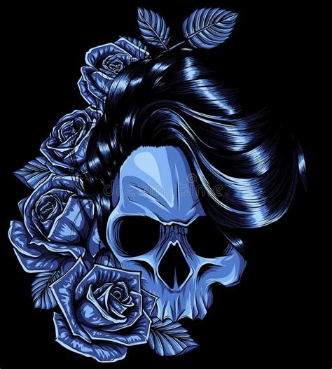 Woman Skull With Red Roses Verctor Illustration On Black Background