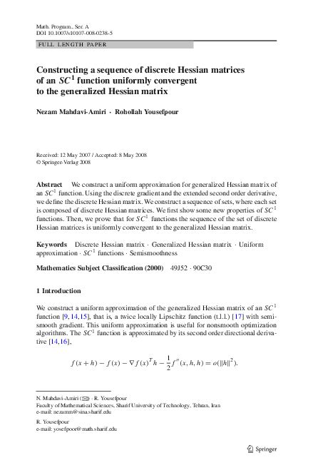Pdf Constructing A Sequence Of Discrete Hessian Matrices Of An Sc 1 Function Uniformly