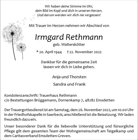 Traueranzeigen Von Irmgard Rethmann Trauer Ms