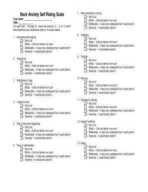 Beck Anxiety Self Rating Scale Blank Fillable Template Fill Out