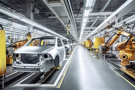 Assembly Line In A Modern Car Factory With Robots And Workers