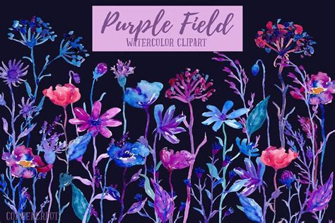 Watercolor Purple Field Dark Flowers Floralborderspurpledeep