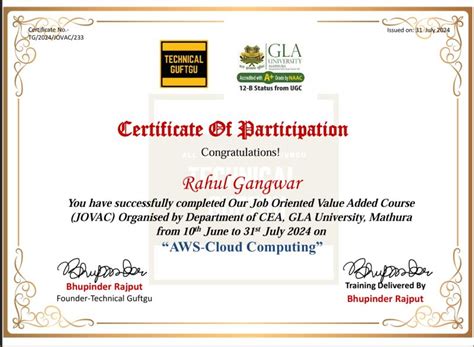 Aws Cloudcomputing Technicalguftgu Glauniversity Certification Rahul Gangwar