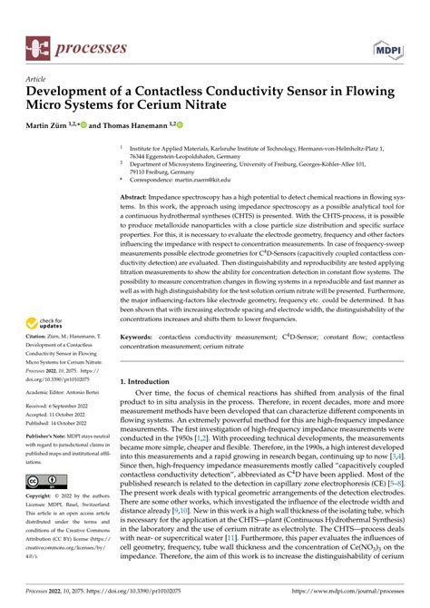 Pdf Development Of A Contactless Conductivity Sensor In Flowing Micro Systems For Cerium Nitrate