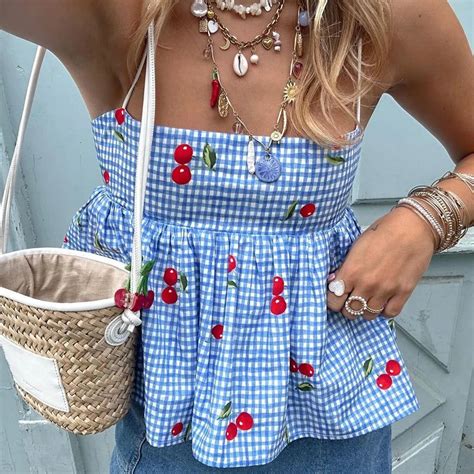 Woherb Blue Cherry Plaid Print Peplum Cami Top Outfit Ideas Peplum