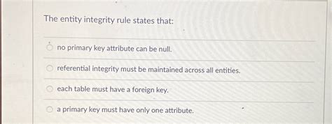 Solved The Entity Integrity Rule States Thatno Primary Key