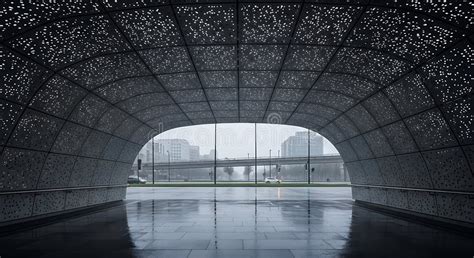 Curved Passageway With A Perforated Metal Ceiling And Walls Allowing