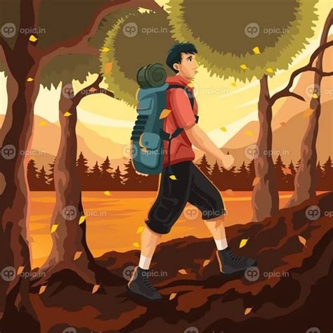 خرید و قیمت دانلود وکتور پیاده روی در جنگل پاییزی با پس زمینه دریاچه ترب