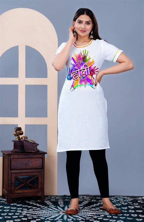 Holi Special Kurti For Women Rayon Fabric Digital Print White