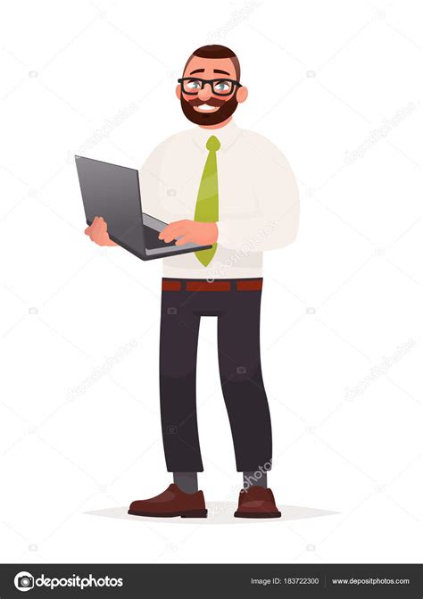 Programmer A Bearded Man With Glasses Is Holding A Laptop In His Hands Software Developer