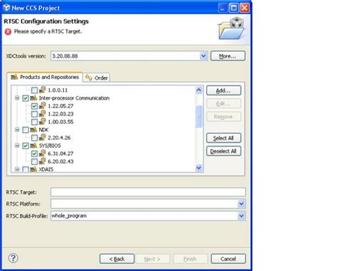 new rtsc project no target and platform drop down menu processors