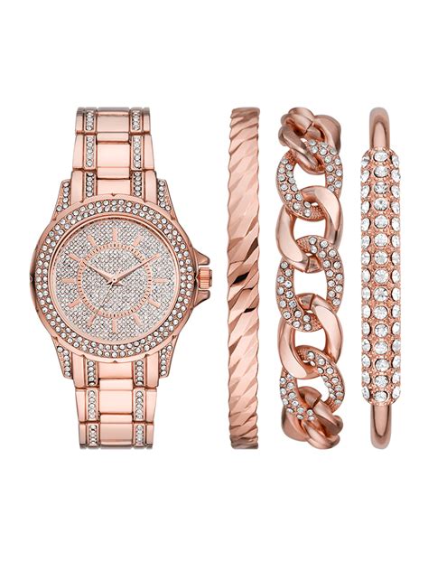 Folio Womens Rose Gold Tone Round Analog Glitz Bracelet Watch And