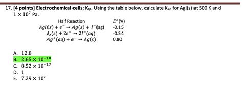 Solved 7 [4 Points] Electrochemical Cells Ksp Using The