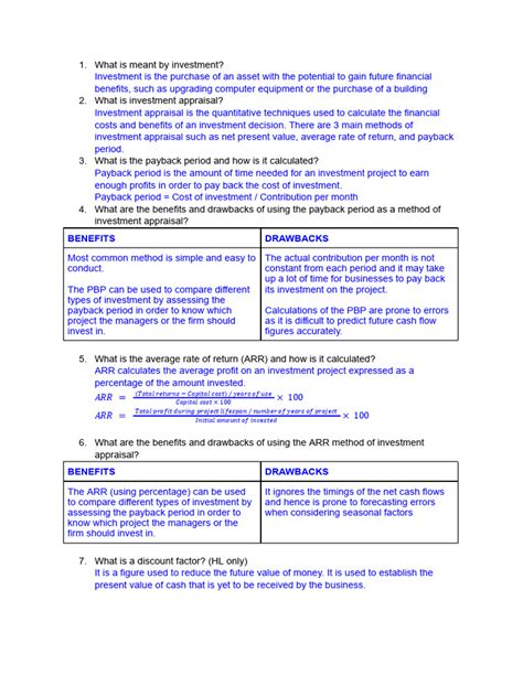 ib business management average rate of return arr pdf net present