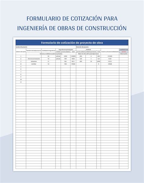 Plantilla De Excel Formulario De Cotización Para Ingeniería De Obras De