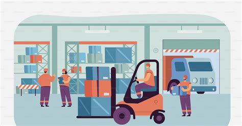 창고 내부의 화물 직원 플랫 벡터 그림입니다 공장 및 물류 노동자 지게차의 로더 트럭 창고의 택배 화물 배송 및