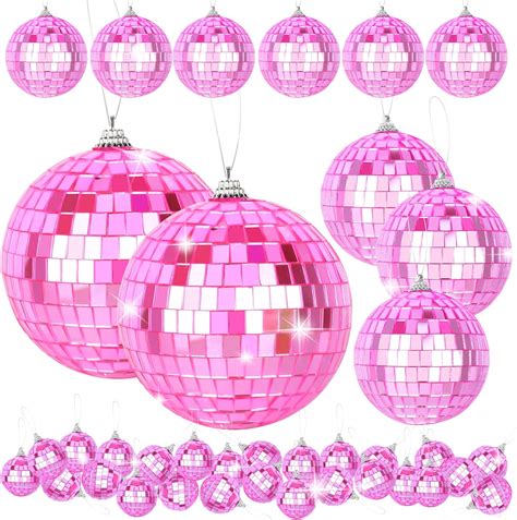 41 Pcs Small Pink Mirror Ball Hanging Disco Ball Ornaments