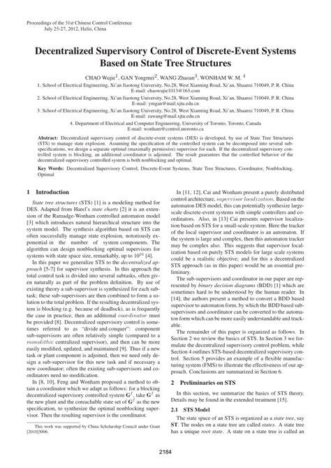 PDF Decentralized Supervisory Control Of Discrete Event Systems Based On State Tree Structures