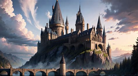 Hogwart Castle In The Middle Of A River With A Bridge Seaart Ai