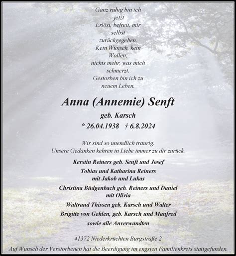 Alle Traueranzeigen Für Anna Senft Trauerrp Onlinede
