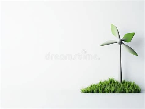 Single Wind Turbine On Small Grassy Patch Against White Background