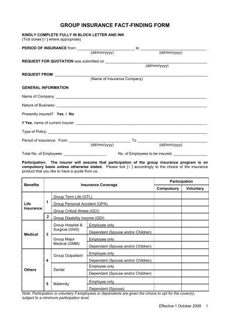 Group Insurance Fact Finding Form General Insurance Association Of
