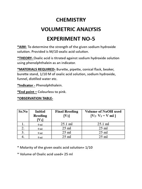 Experiment No 5 To Determine The Strength Of The Given Sodium Hydroxide Solution Pdf