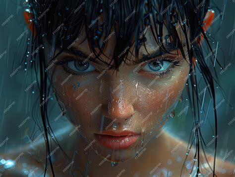 A Woman With Wet Hair And Blue Eyes Is In Front Of A Body Of Water With